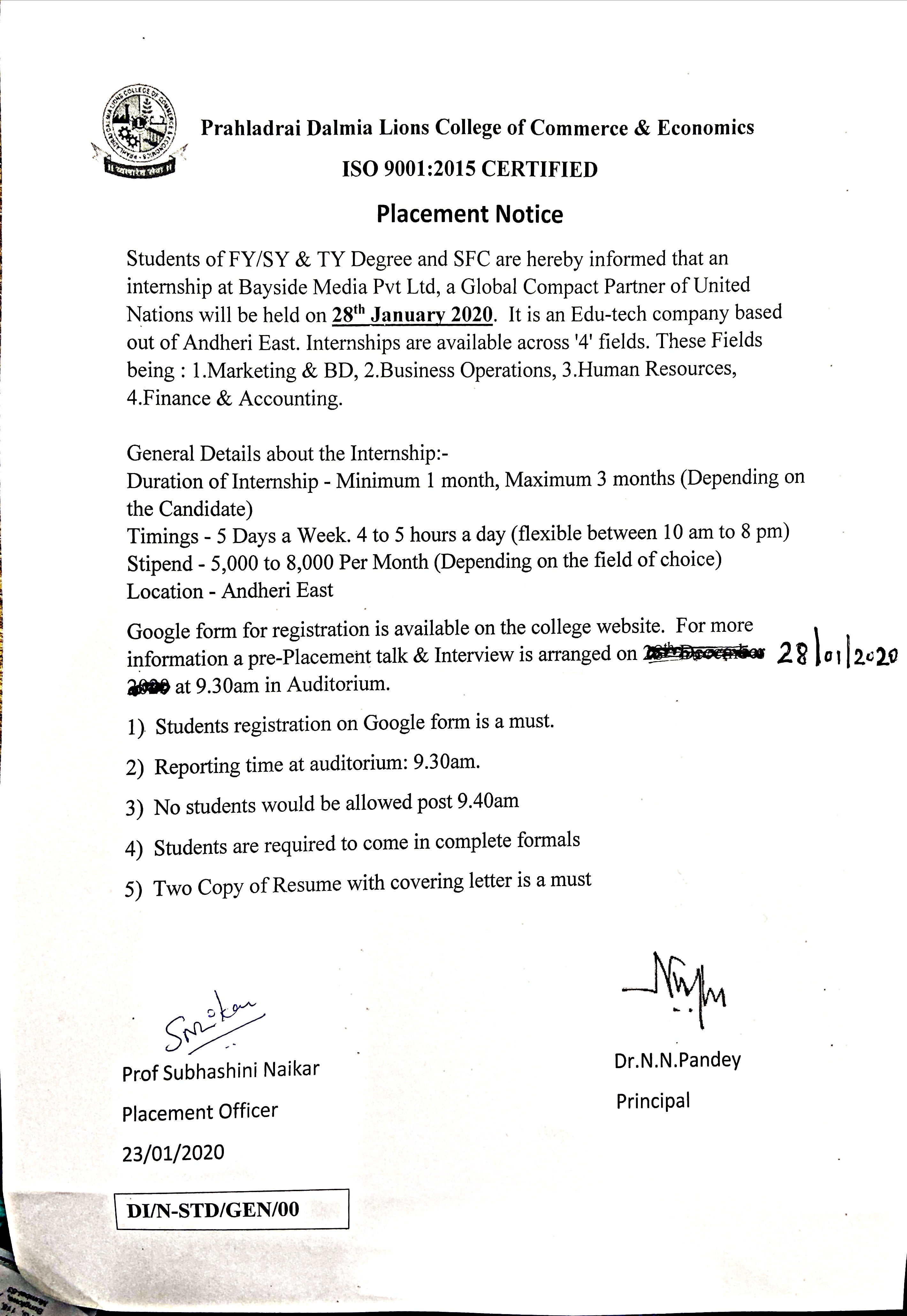 Internship notice – Prahladrai Dalmia Lions College