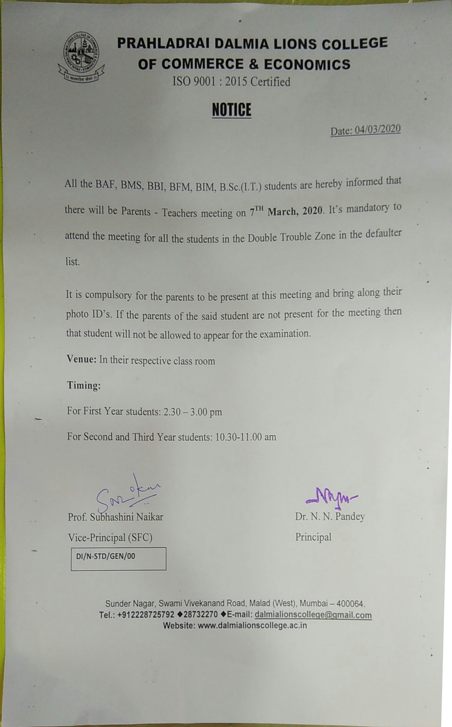 PTM NOTICE - Prahladrai Dalmia Lions College